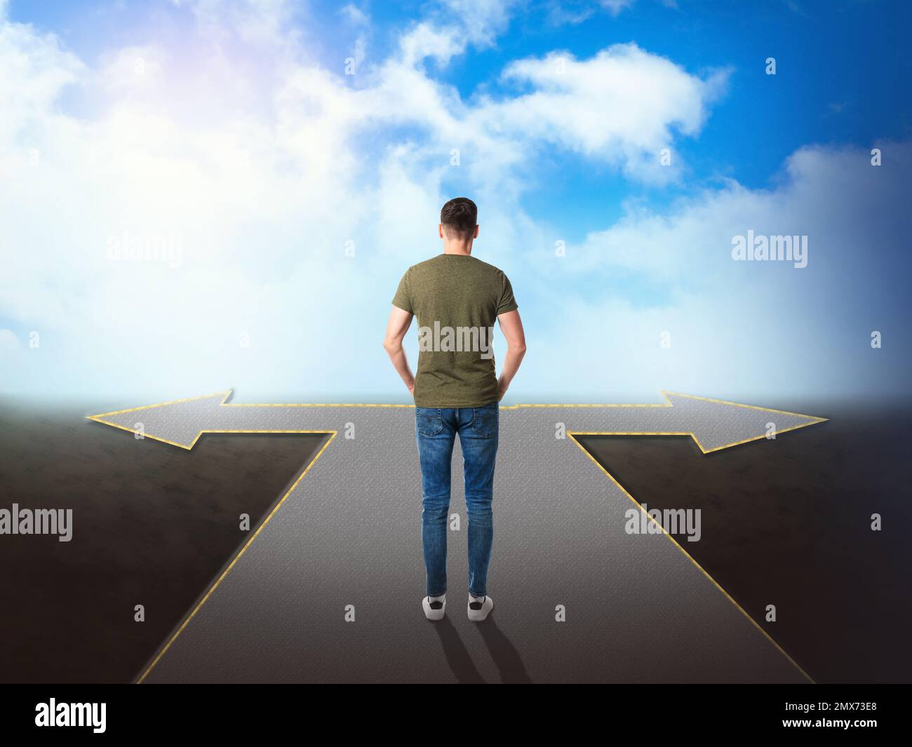 Choose your way. Man standing at crossroads taking important decision ...