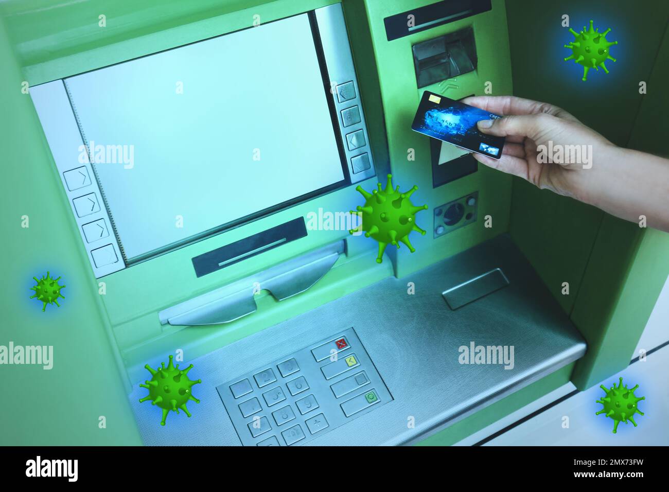 Use cash machine careful during coronavirus outbreak. Woman withdrawing ...