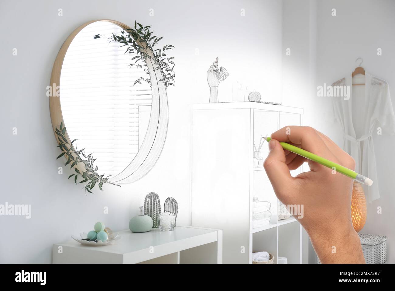 Man drawing bathroom interior design. Combination of photo and sketch ...