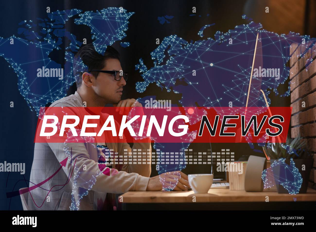 Breaking News. Journalist working with laptop indoors. Digital world ...