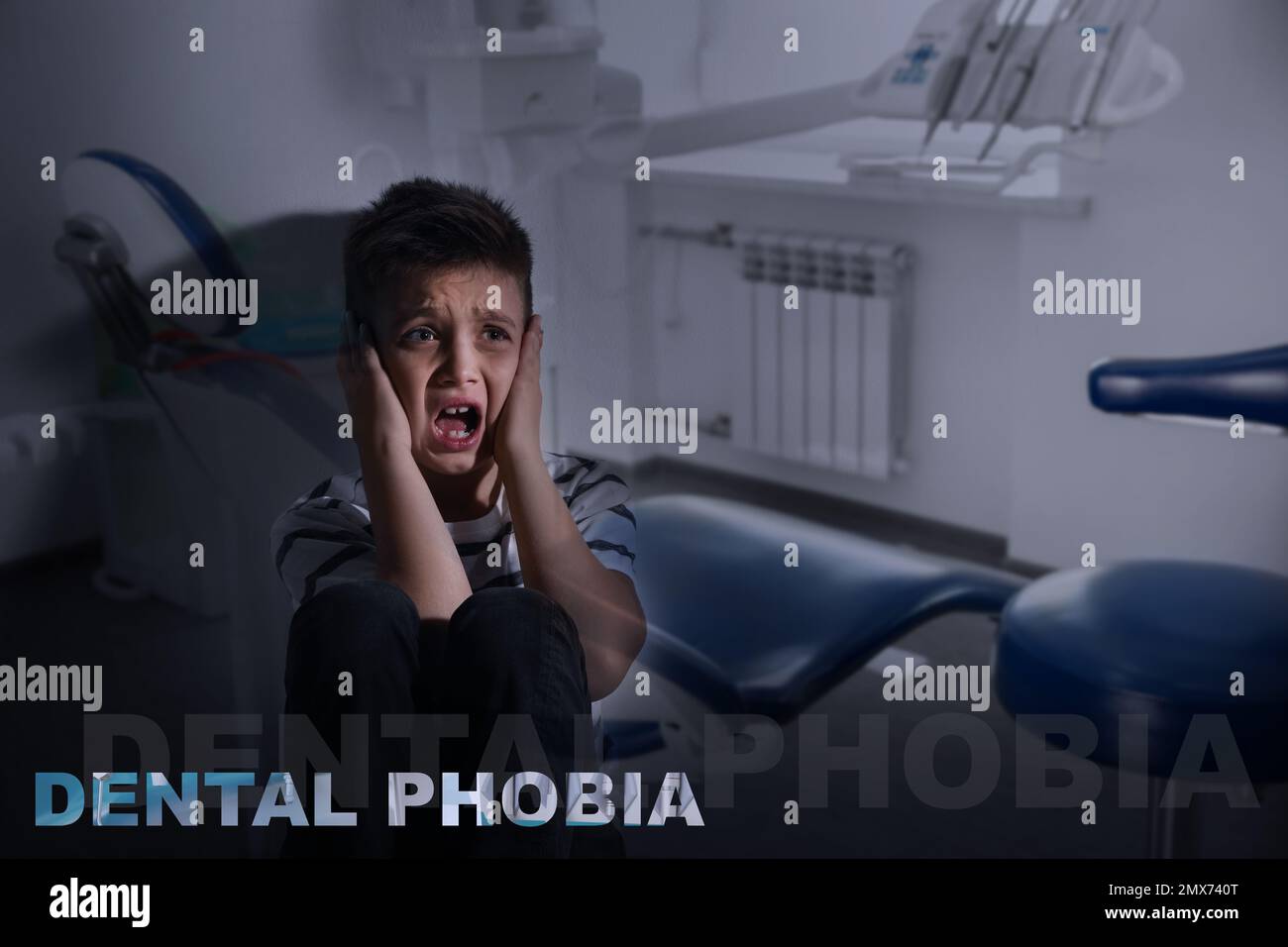 Odontophobia concept. Double exposure of scared little boy and dentist ...