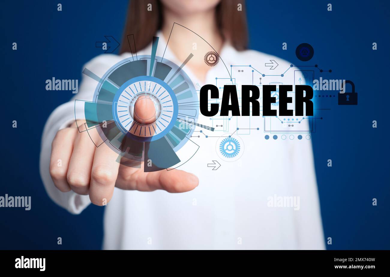 Career promotion concept. Woman touching icon on virtual screen Stock ...