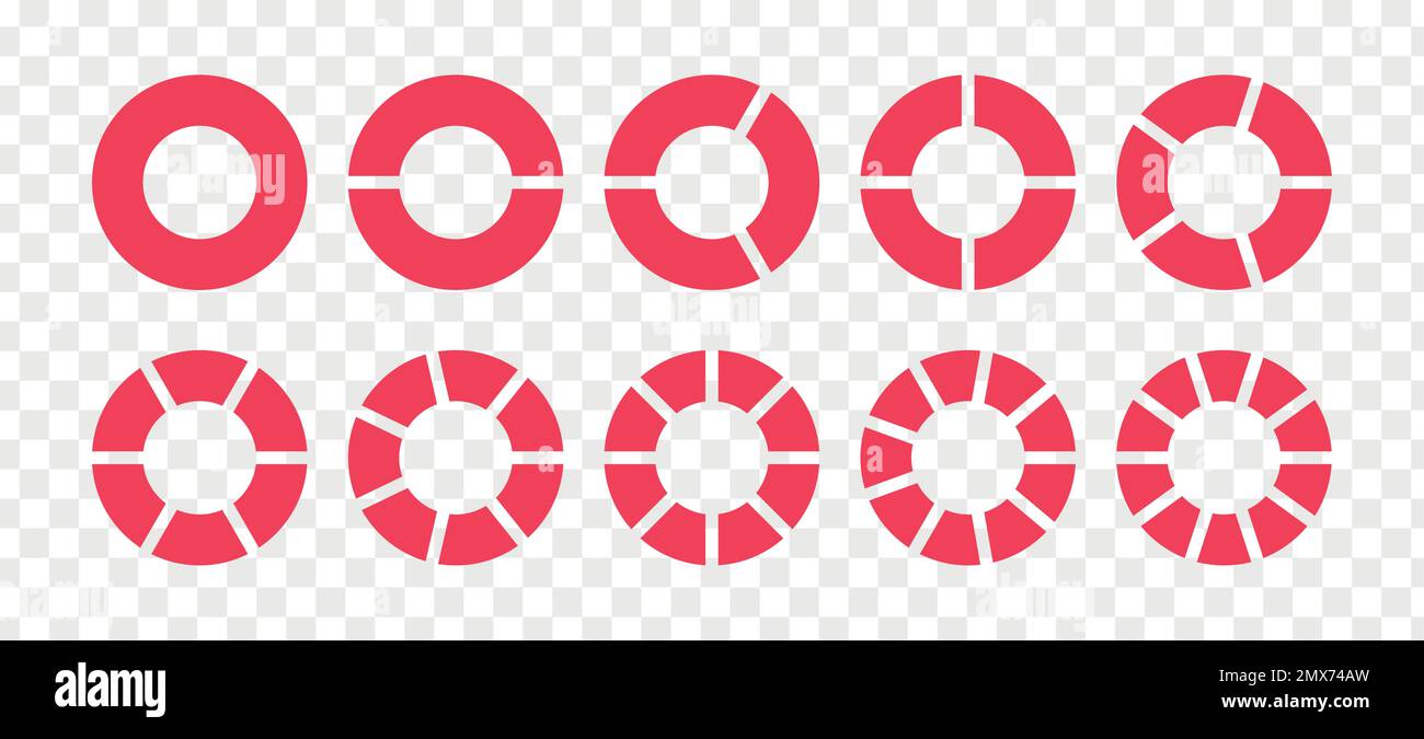 Fractions pie divided for math. Red circle pie with pieces. Segment ...