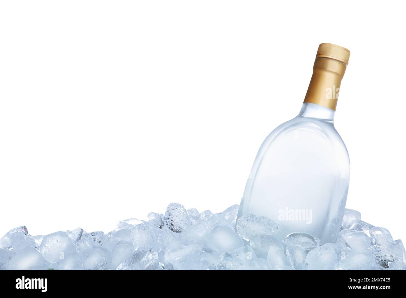 Ice cubes and bottle of vodka on white background Stock Photo - Alamy