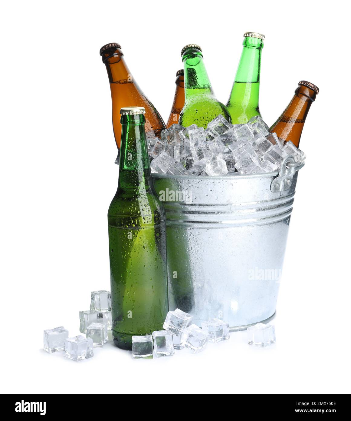 Metal bucket with bottles of beer and ice cubes isolated on white Stock ...
