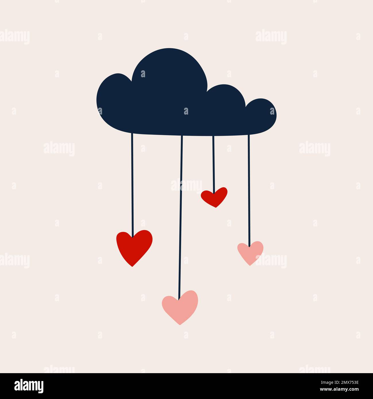 Happy Valentine's Day. Cloud with hanging heart shapes. Hand drawn ...