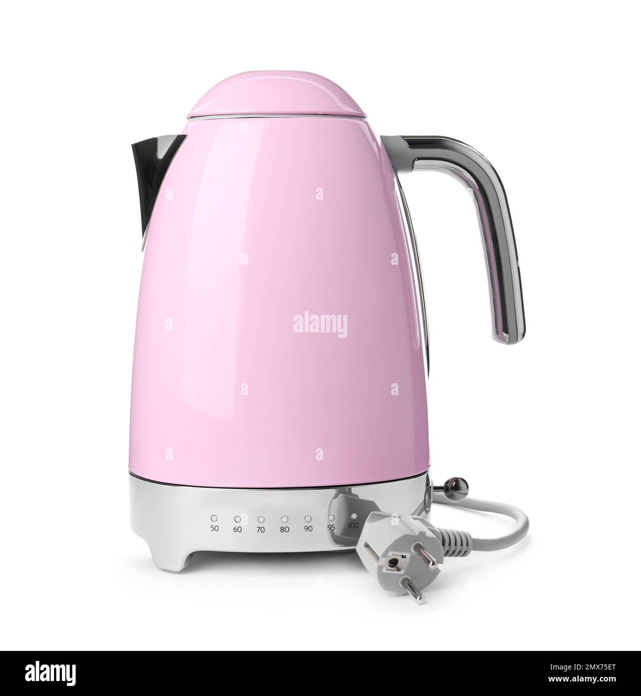 Modern pink electric kettle with base and plug isolated on white Stock ...