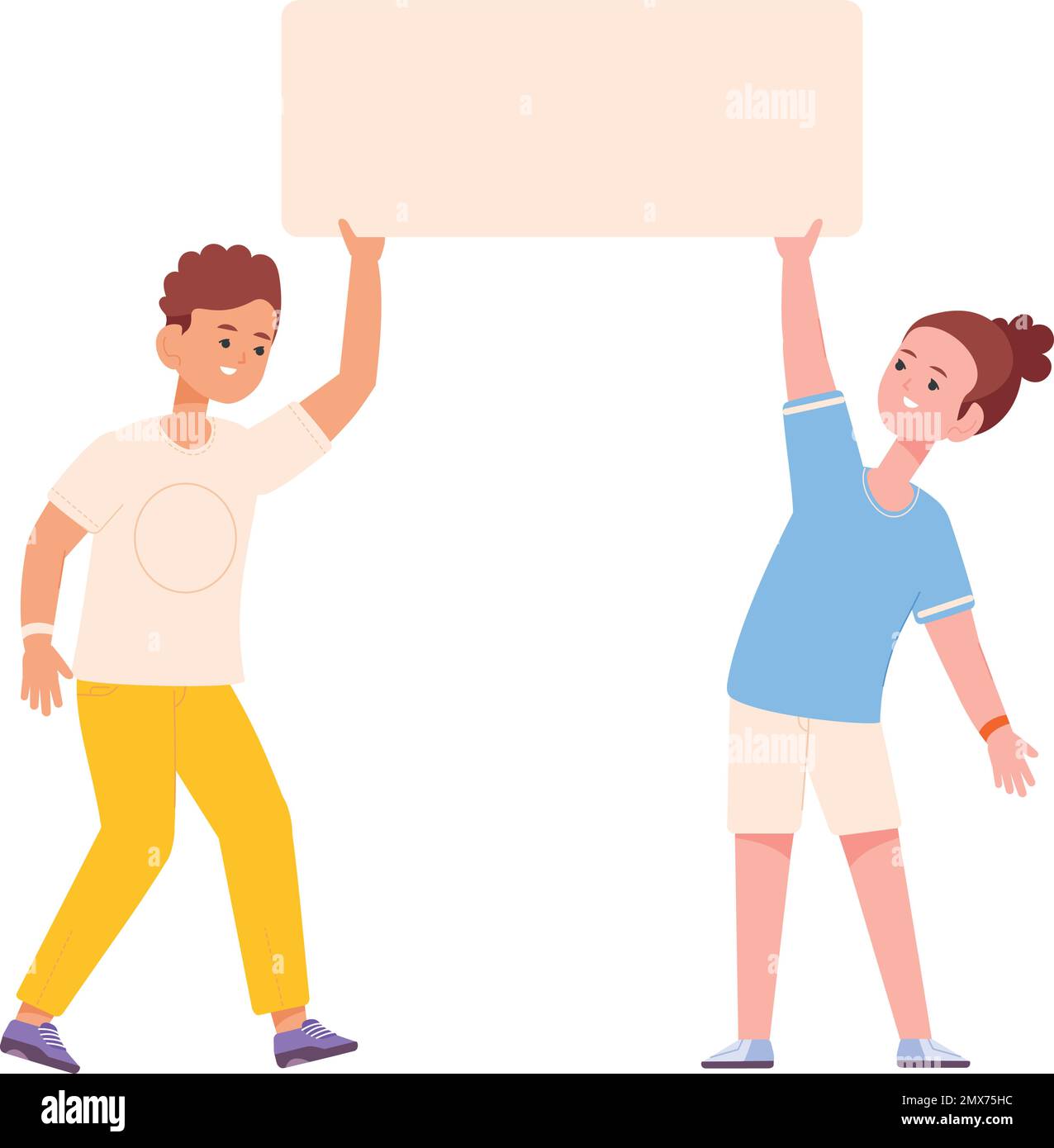 Boy and girl hold blank banner. Smiling children with paper placard ...
