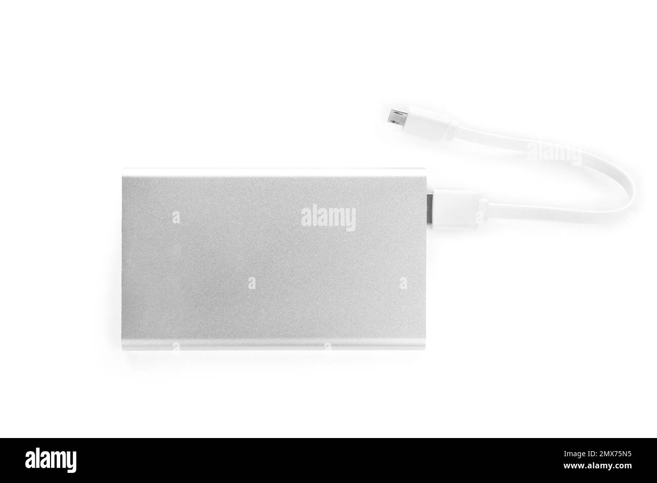 Modern external portable charger with cable isolated on white, top view ...
