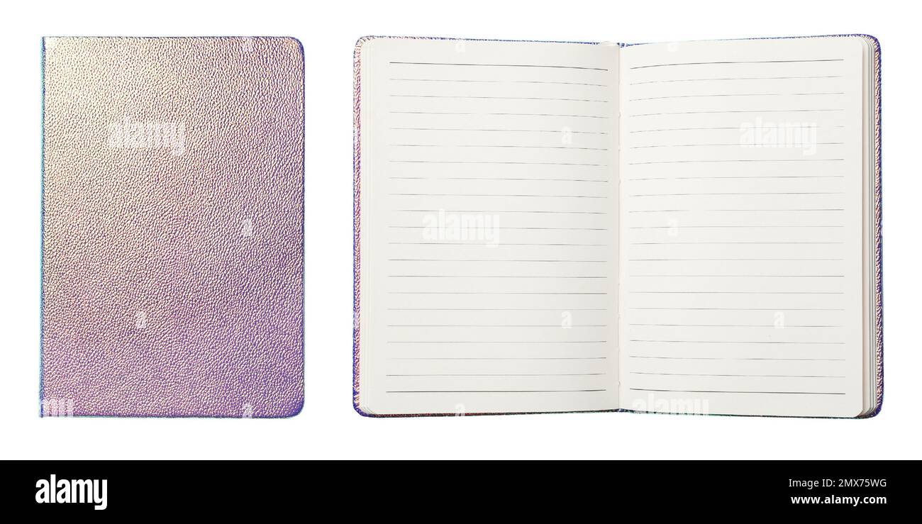Open and closed notebook on white background, top view Stock Photo - Alamy