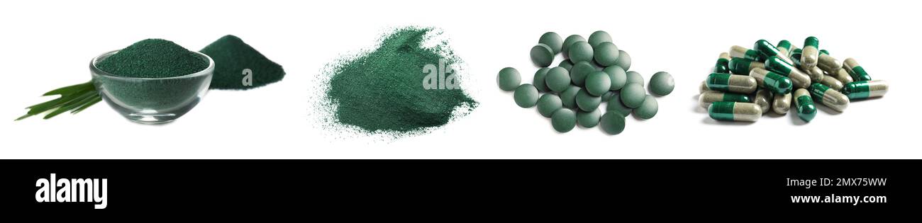 Set of spirulina algae powder and pills on white background. Banner ...