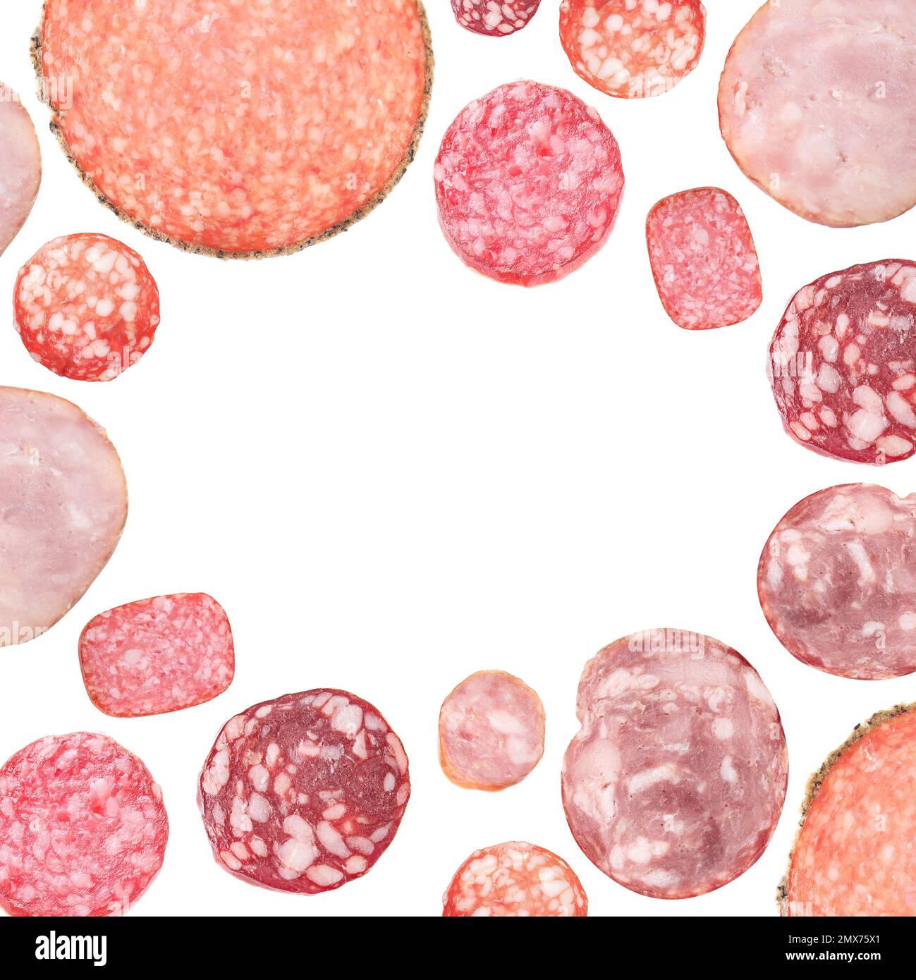 Frame made of cut fresh sausage on white background, top view. Space ...