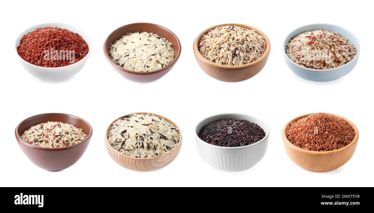 Set with different types of rice in bowls on white background. Banner ...