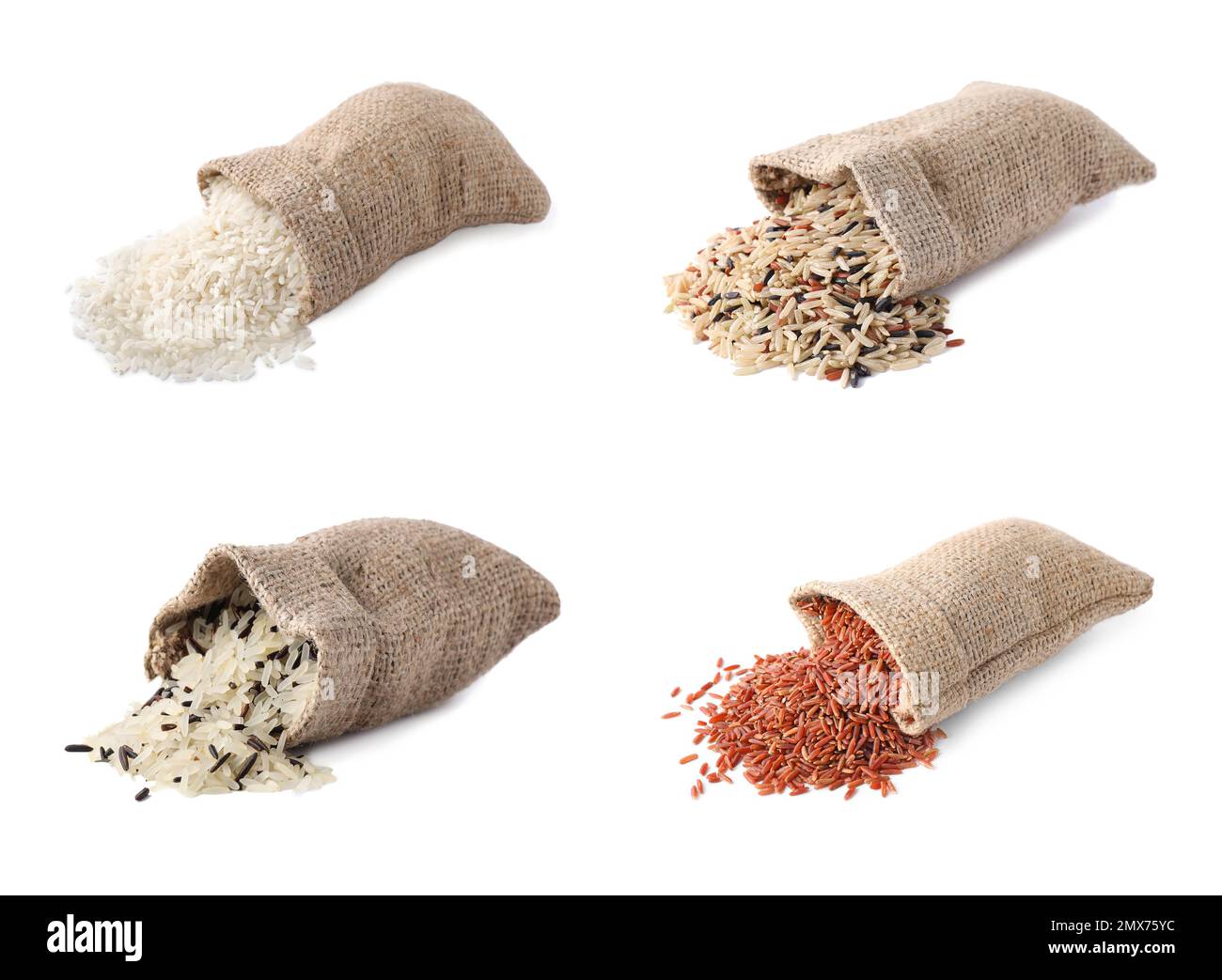 Set with different types of rice in bags on white background Stock ...