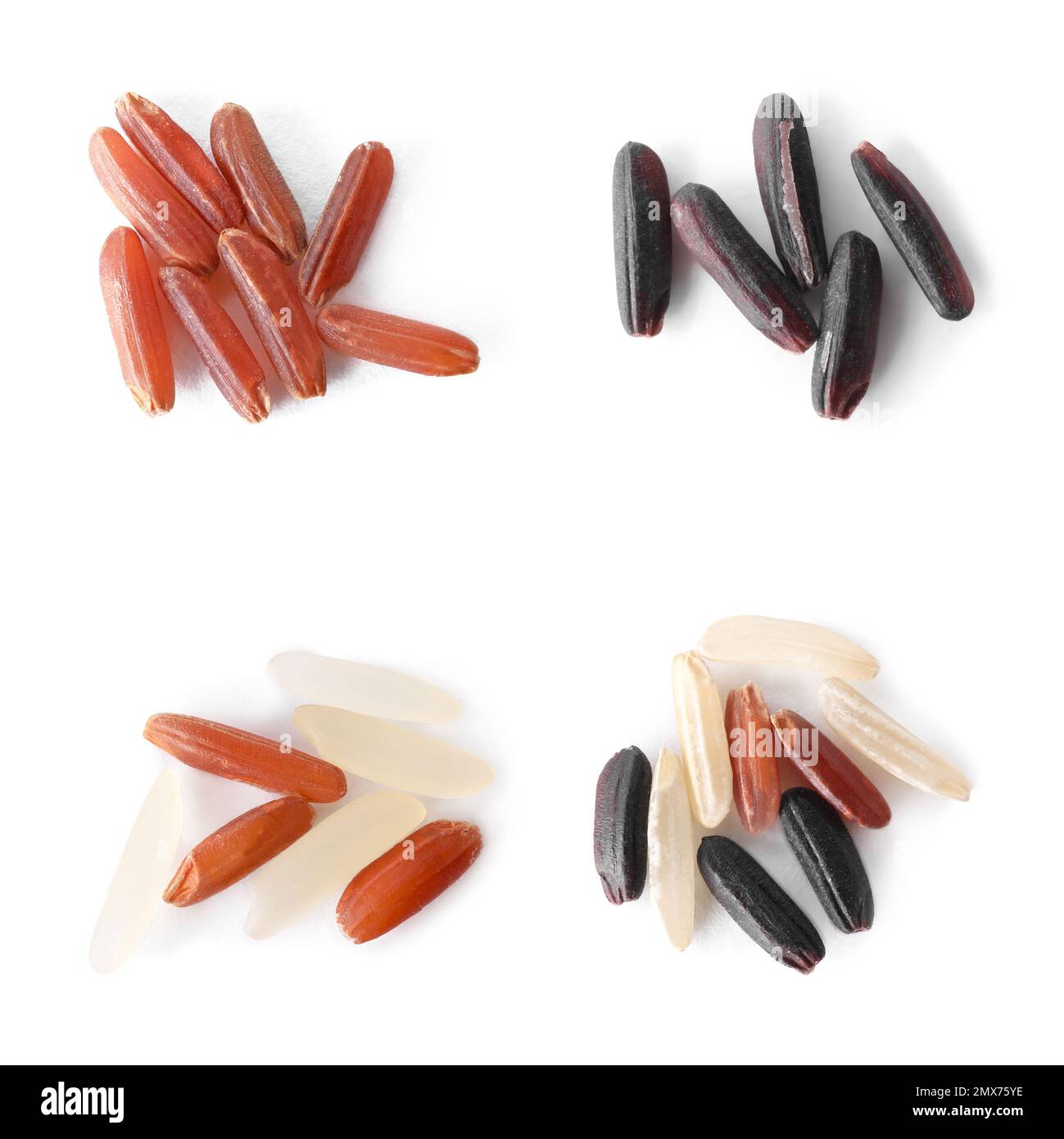 Set with different types of rice on white background, top view Stock ...
