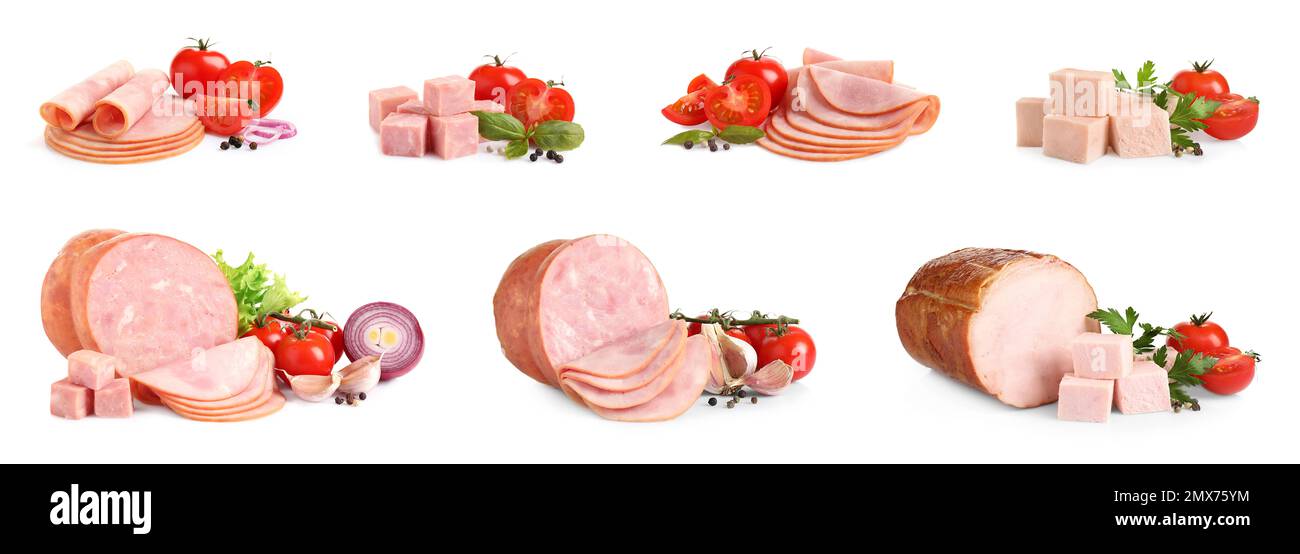 Set of tasty hams on white background. Banner design Stock Photo - Alamy