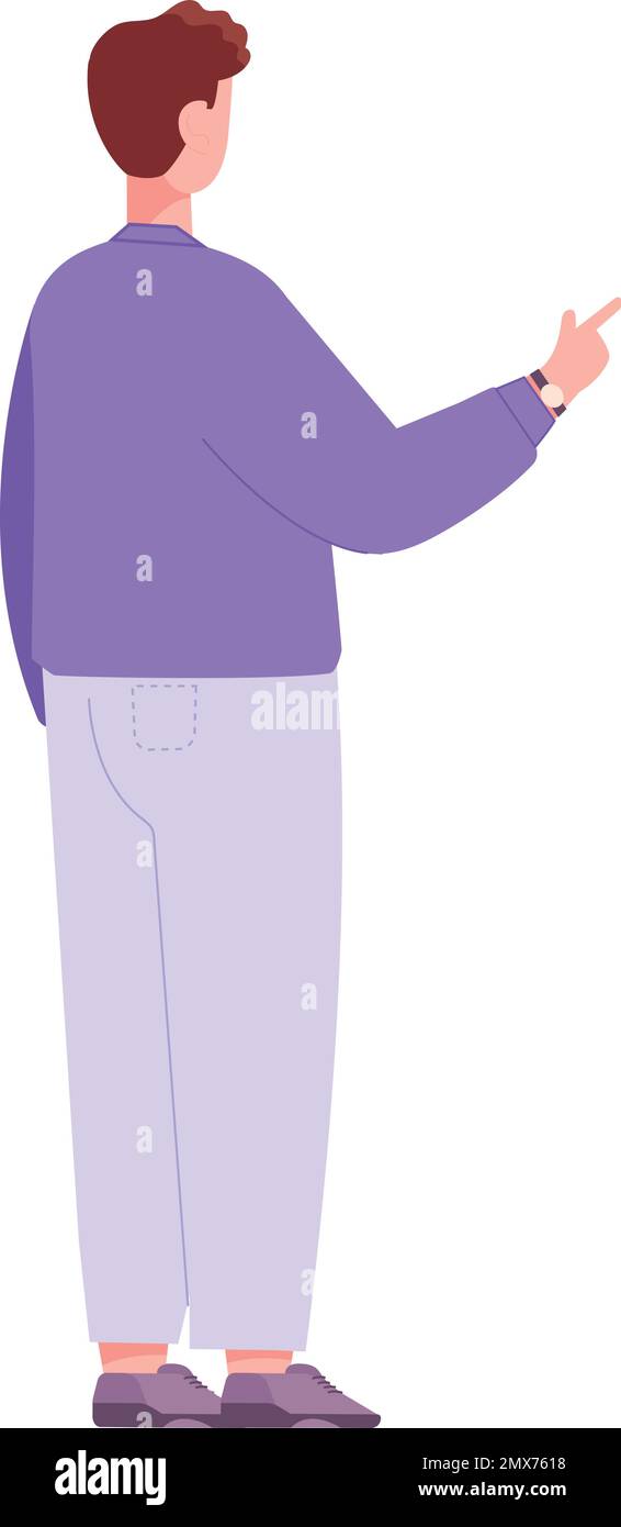 Man pointing finger rear view. Male character showing something ...