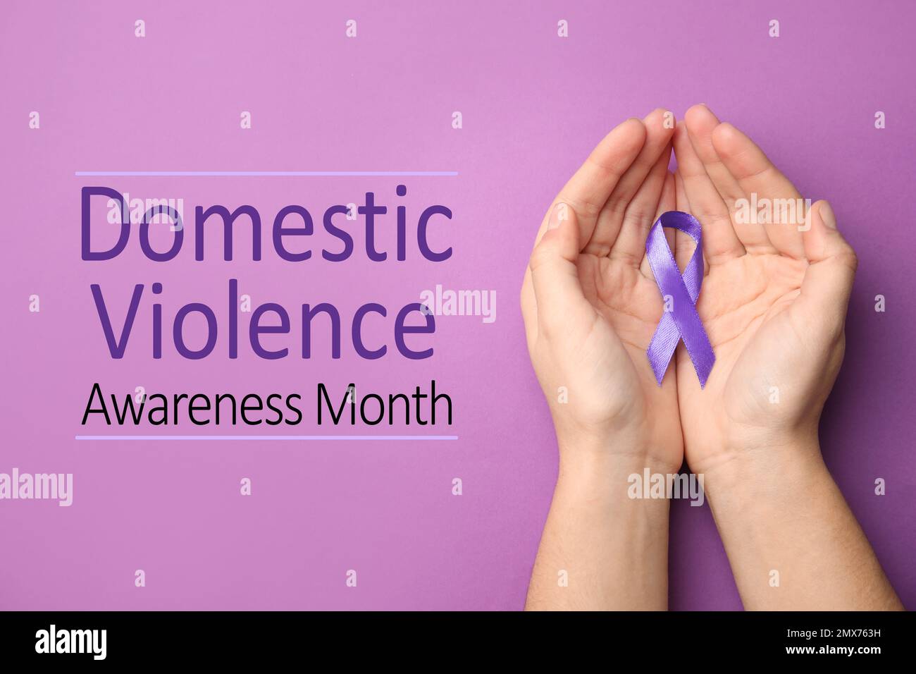 Woman holding purple ribbon on lilac background, top view. Symbol of ...