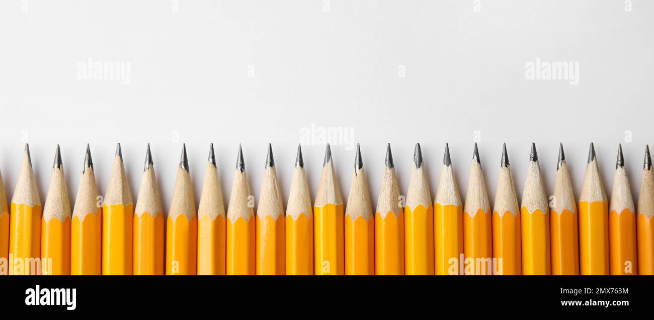 Sharp pencils on white background, top view with space for text. Banner ...