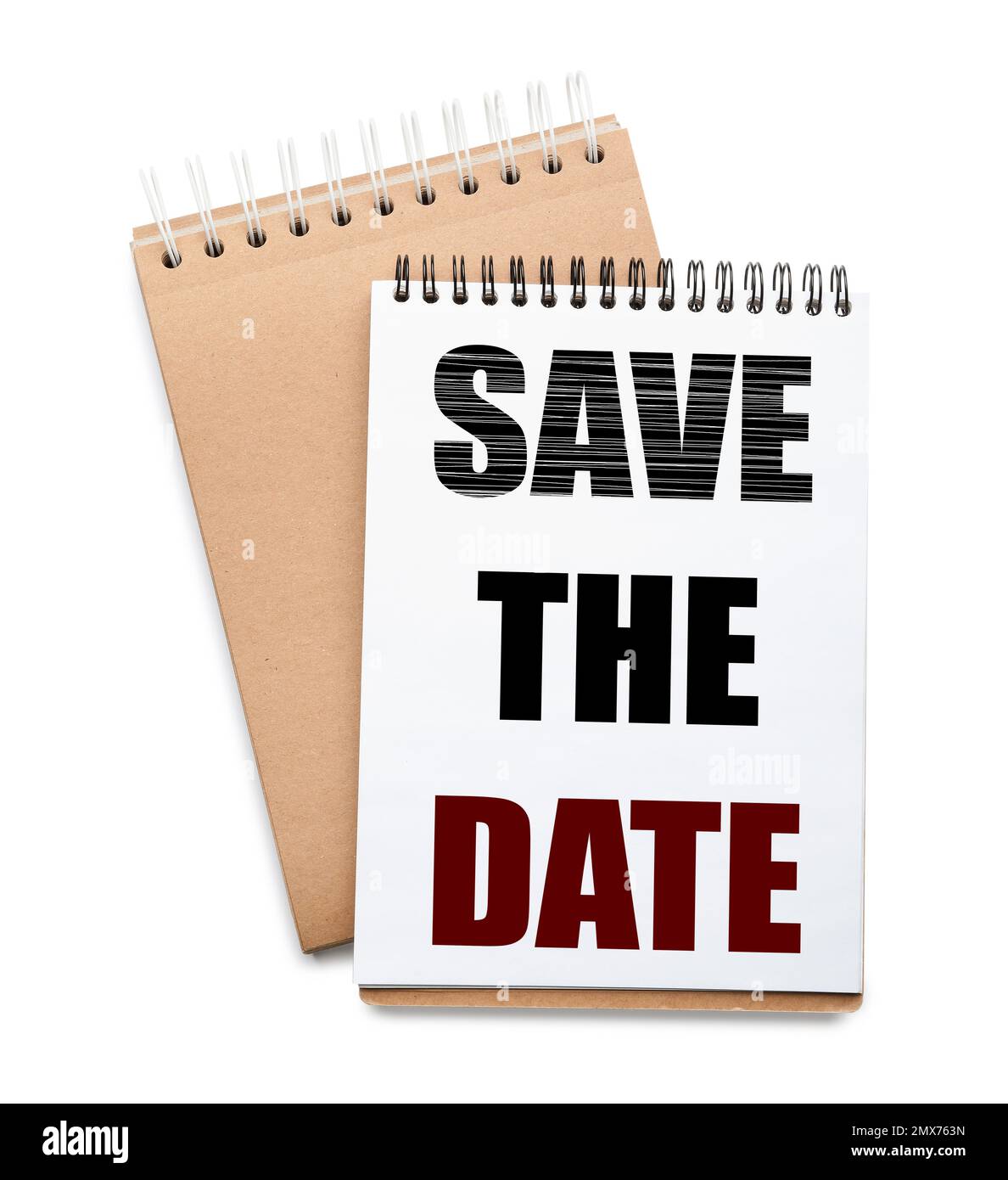 Stylish notebooks with phrase SAVE THE DATE on white background, top ...