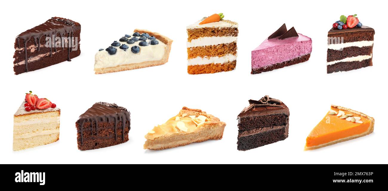 Set with different cake pieces isolated on white. Banner design Stock ...