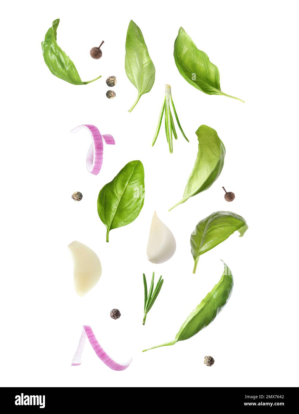 Basil leaves and other ingredients falling on white background Stock ...