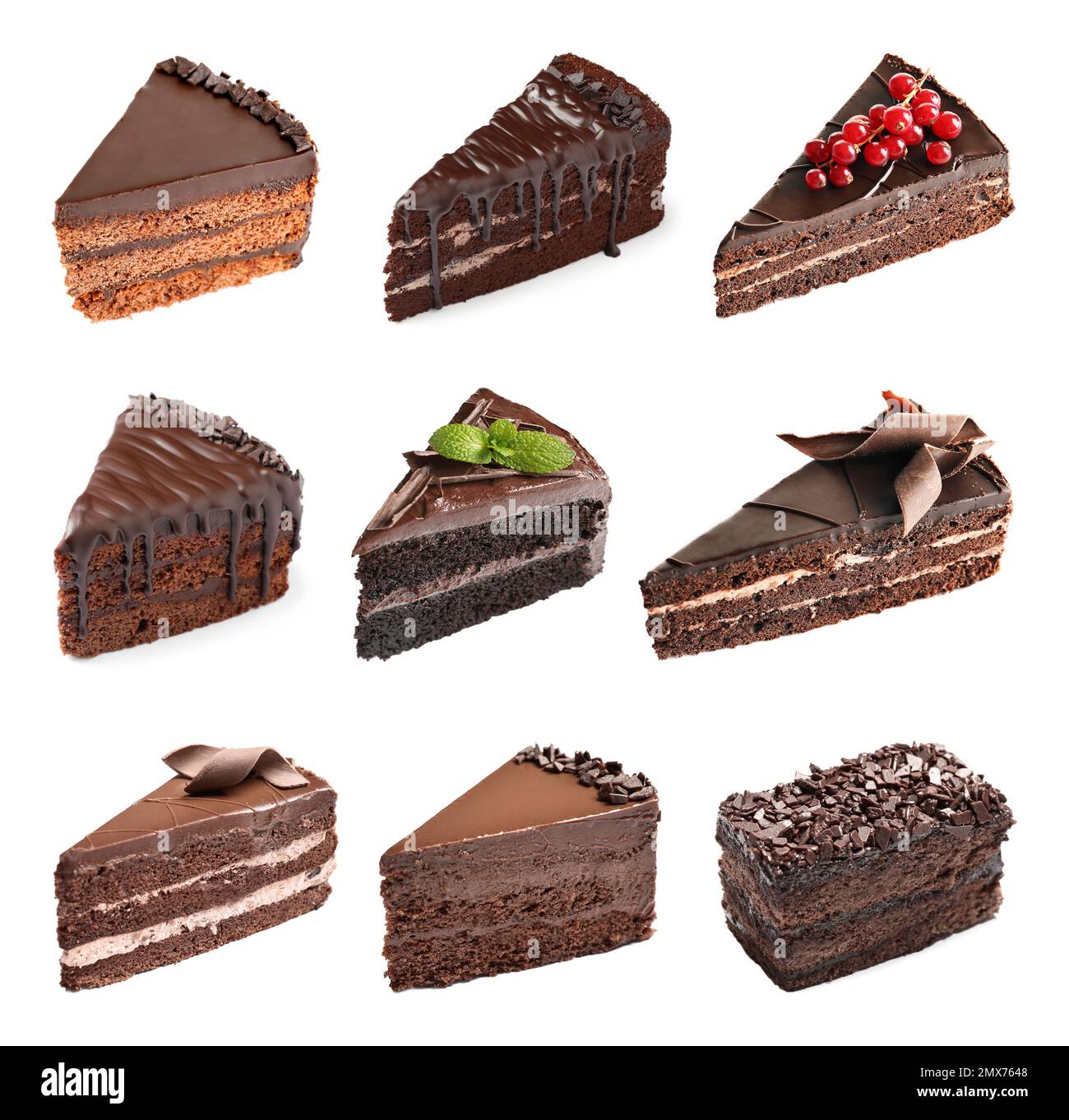 Set with different chocolate cake pieces isolated on white Stock Photo ...