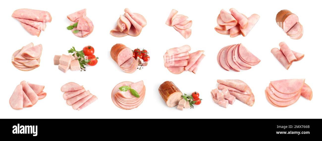 Set of tasty hams on white background. Banner design Stock Photo - Alamy