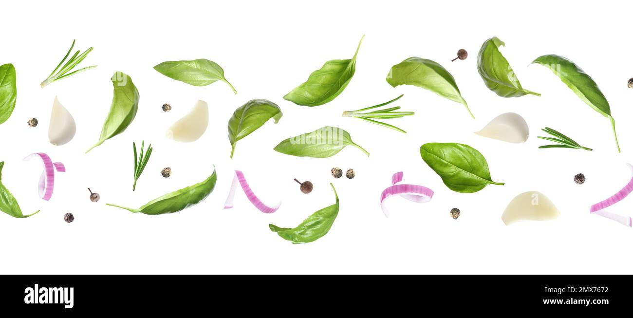 Set of basil leaves and other ingredients on white background. Banner ...