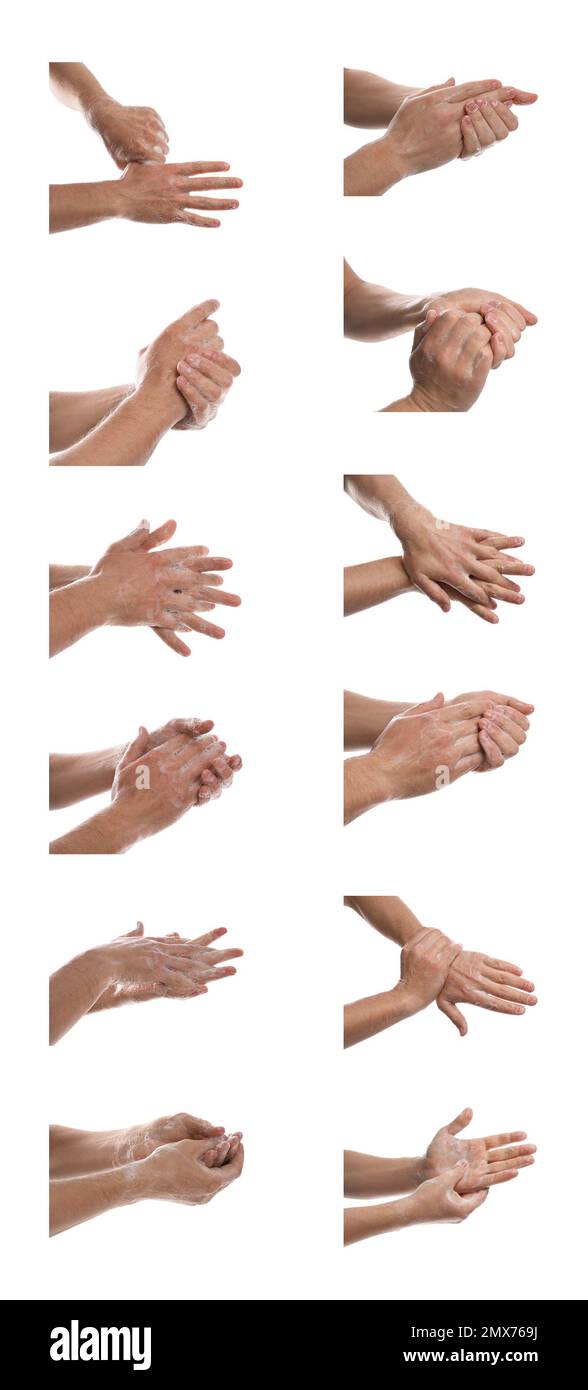 Collage of people washing hands with soap on white background, closeup ...