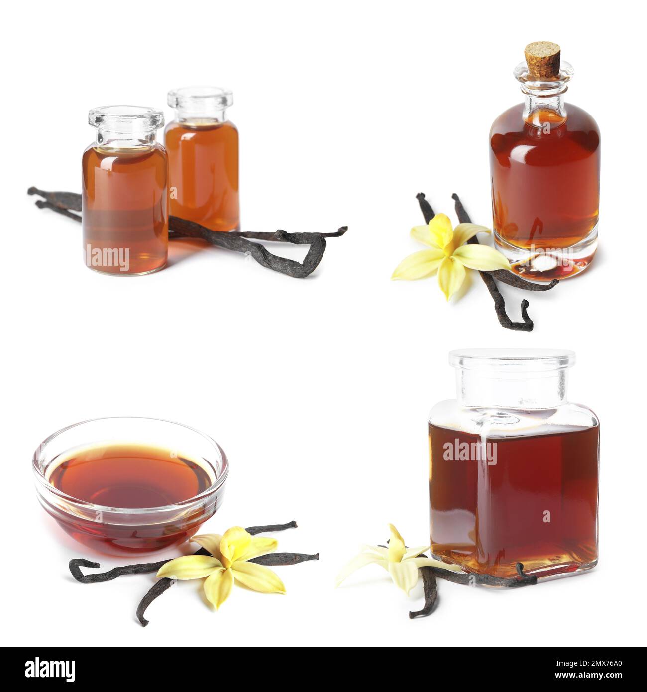 Set of vanilla extract and dry pods on white background Stock Photo - Alamy