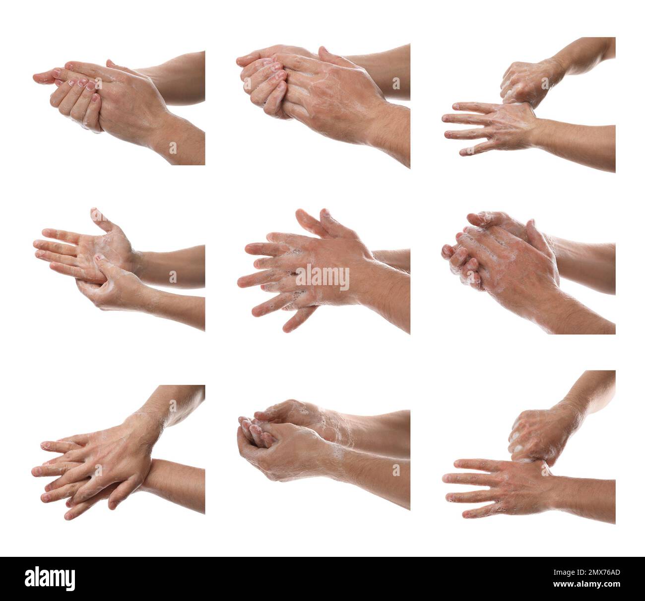 Collage of people washing hands with soap on white background, closeup ...