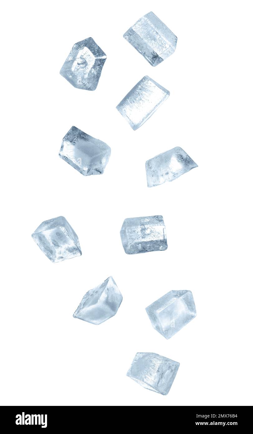 Crystal ice cubes falling on white background Stock Photo - Alamy