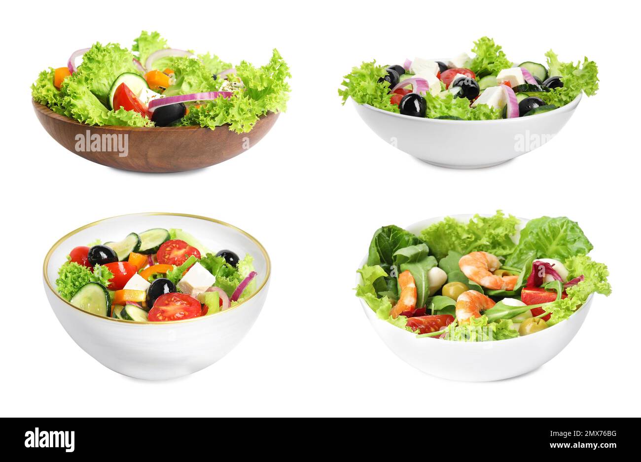 Set with different salads on white background Stock Photo - Alamy