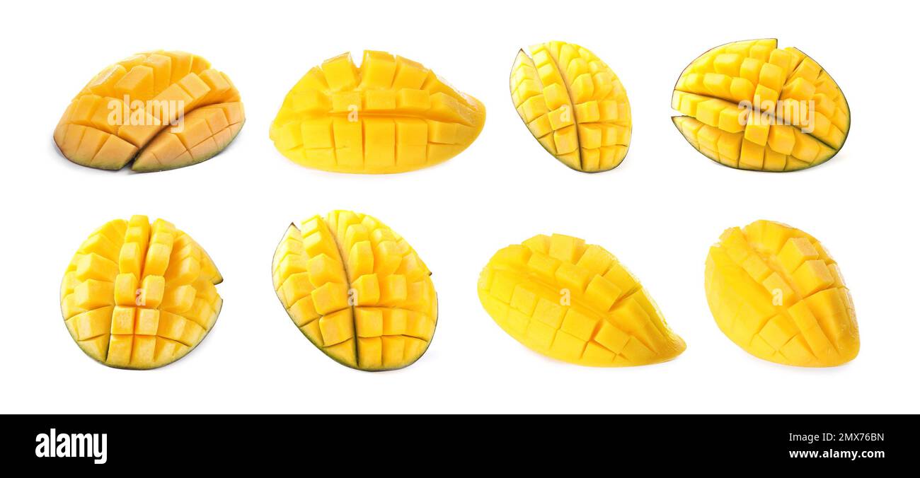 Set of delicious mangoes on white background. Banner design Stock Photo ...