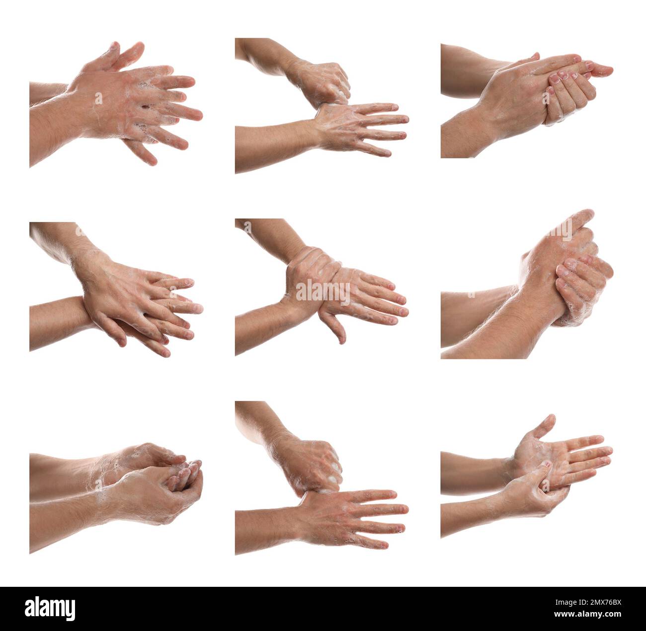 Collage of people washing hands with soap on white background, closeup ...