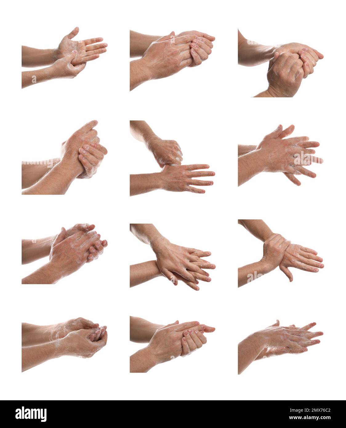 Collage of people washing hands with soap on white background, closeup ...