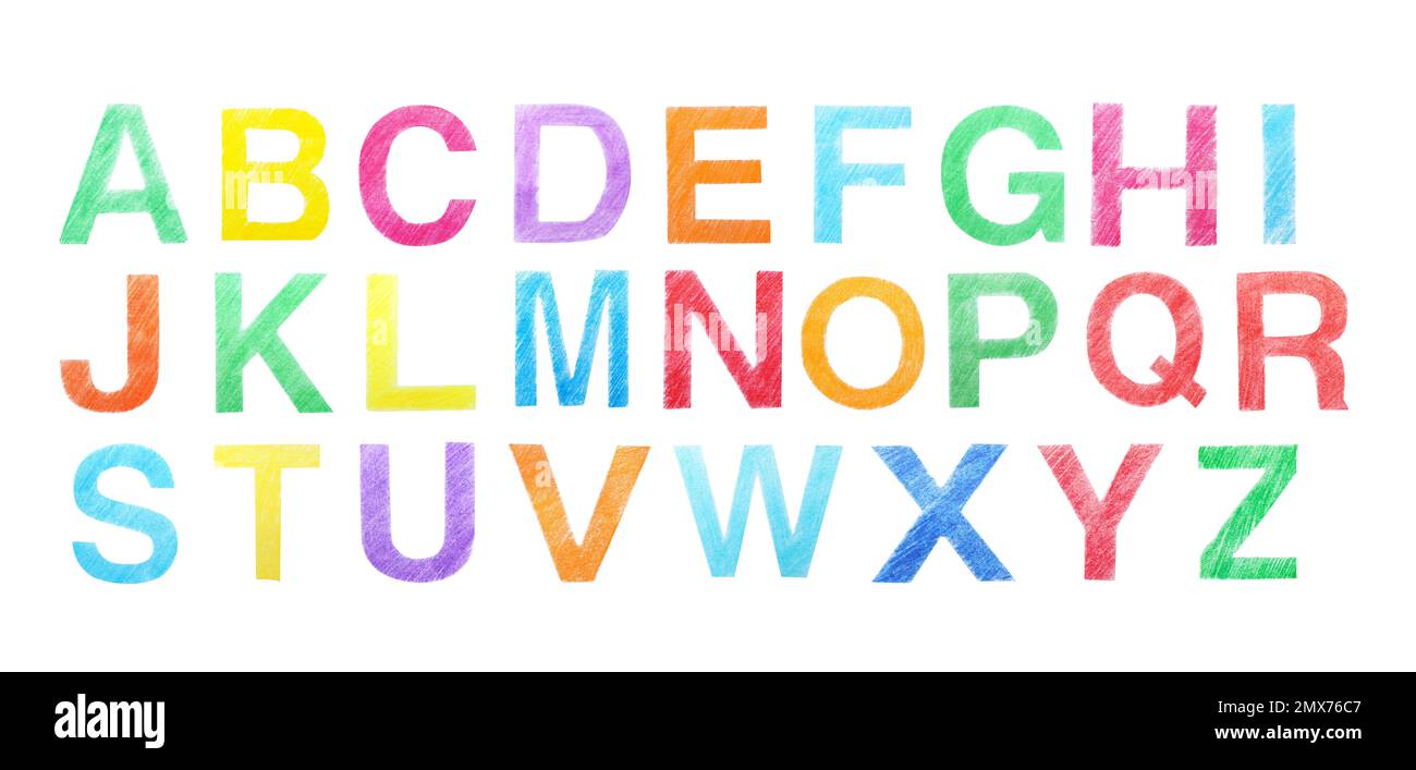 Set of letters written with color pencils on white background, top view ...