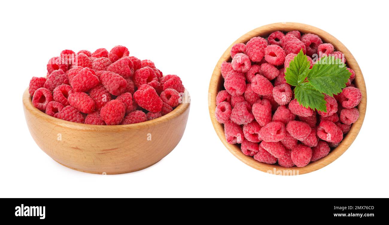 Bowls with fresh ripe raspberries on white background. Banner design ...