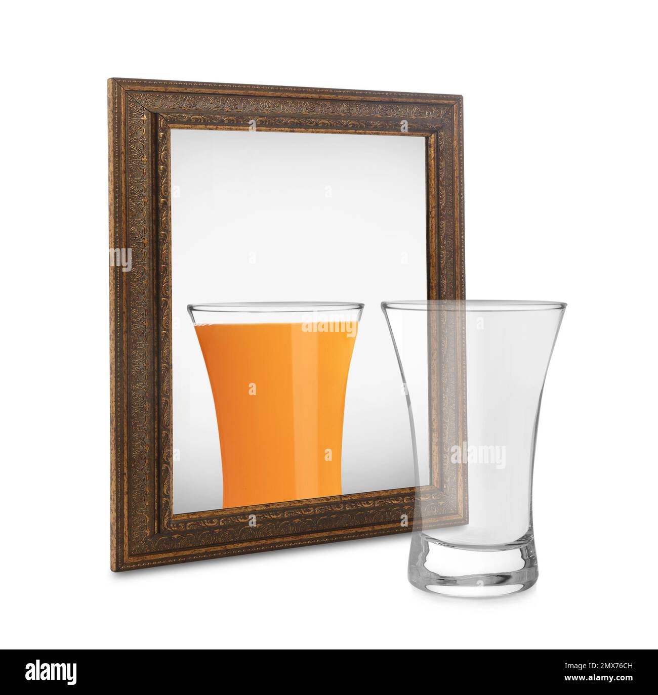 Empty glass and mirror with reflection on white background Stock Photo ...