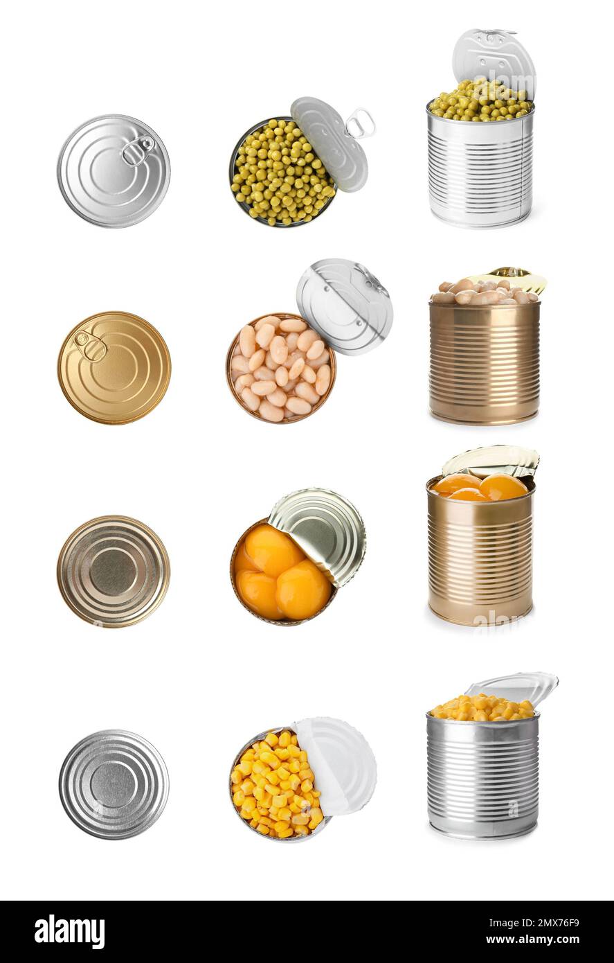 Set of different canned food on white background Stock Photo - Alamy