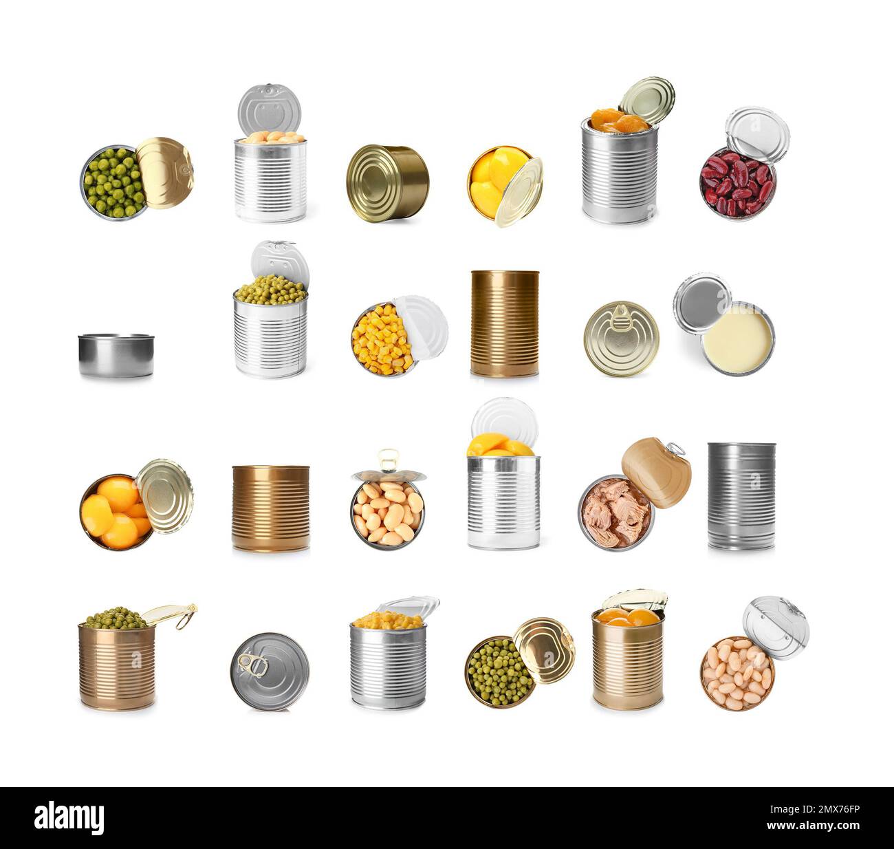 Set of different canned food on white background Stock Photo - Alamy