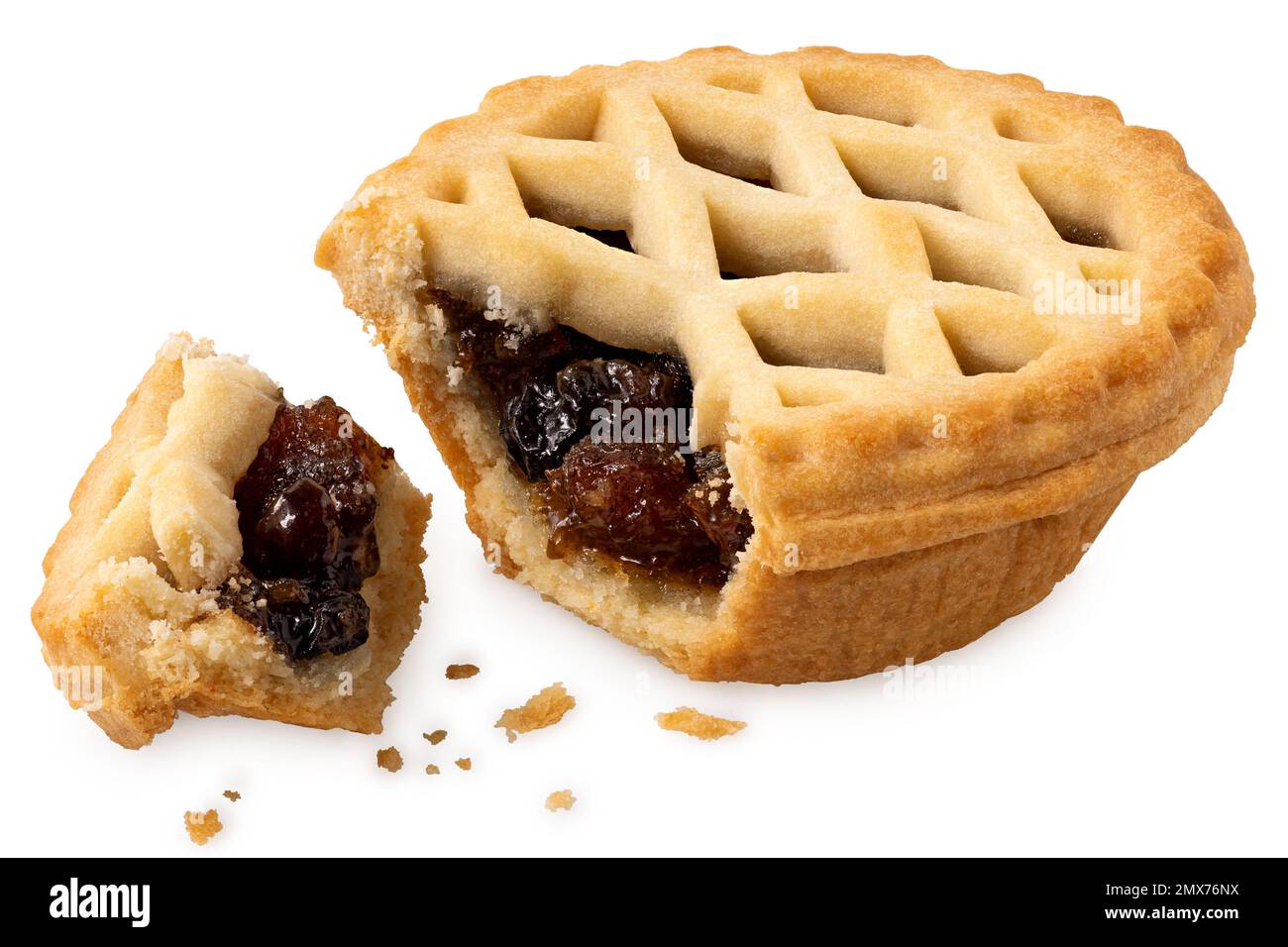 Broken all butter lattice topped mince pie isolated on white. Fruit ...