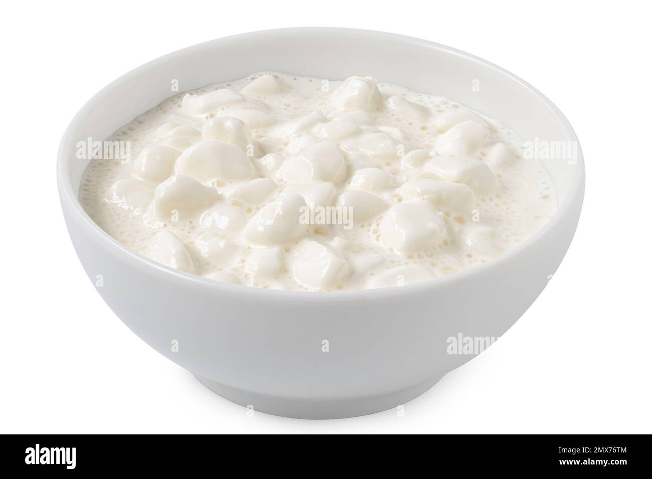 Chunky cottage cheese with whey in a white ceramic bowl isolated on ...