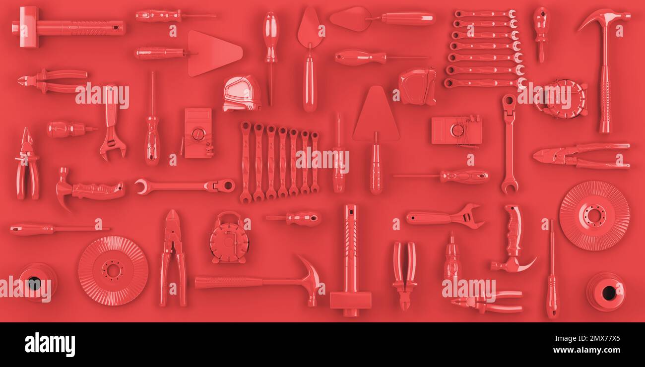 colored red tools set background concept of repair tools warehouse ...