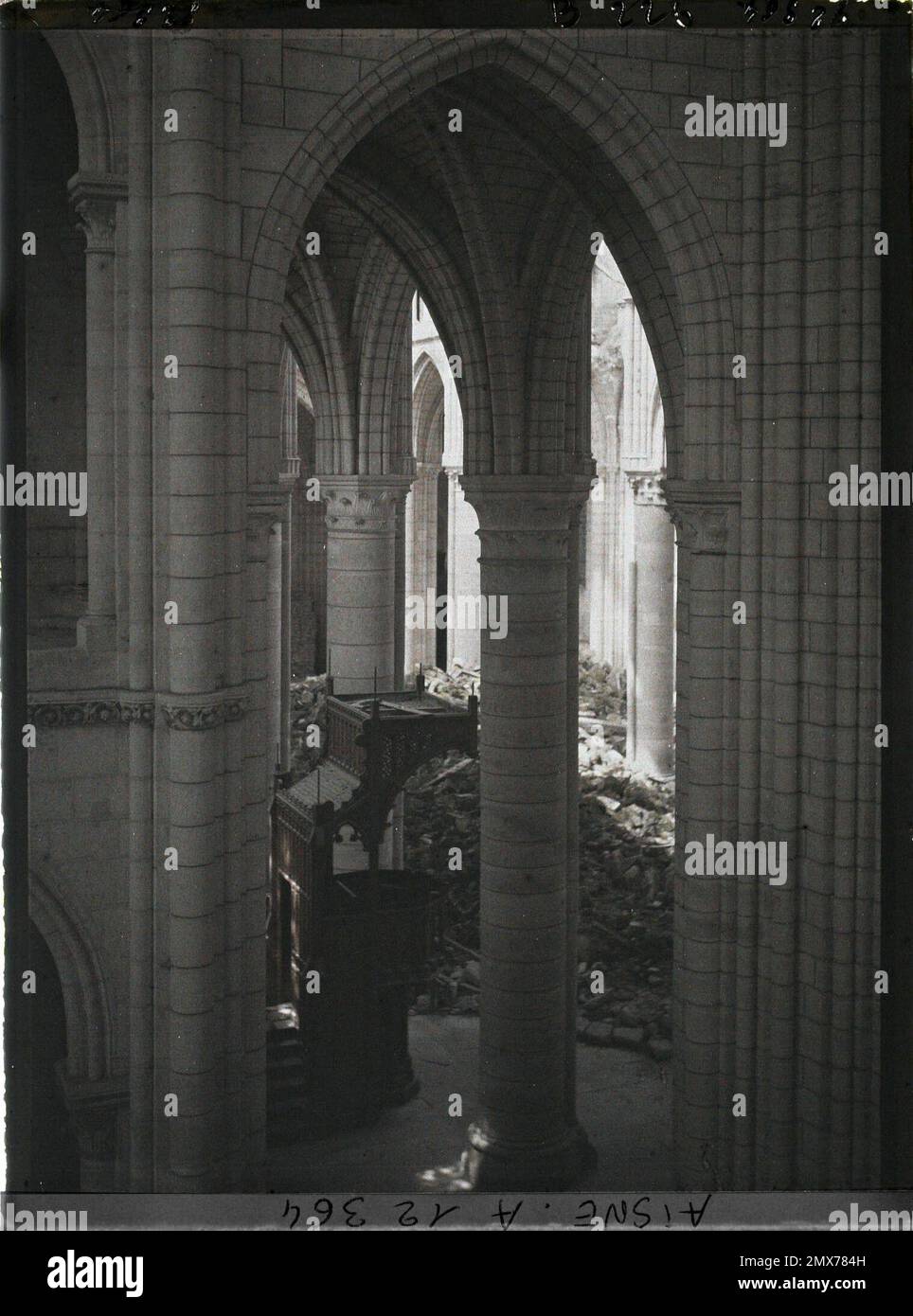 Church interior view sculpture column ruins bombing arc arcade hi-res ...