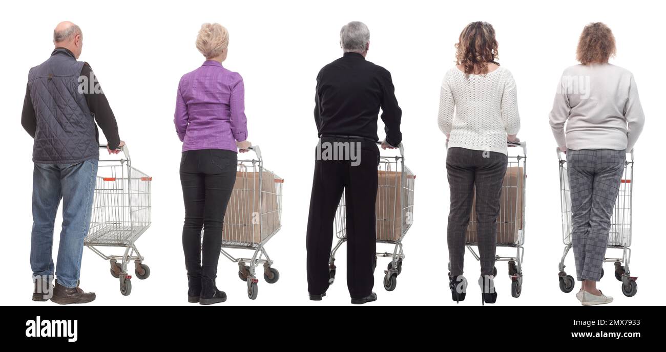 a group of people with a cart stand with their backs isolated Stock ...