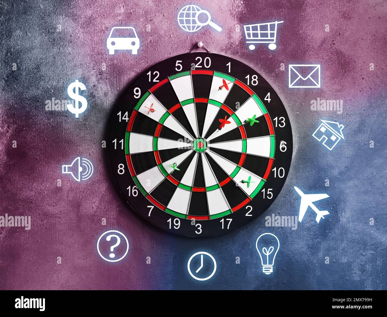 Dart board and icons on colorful background Stock Photo - Alamy