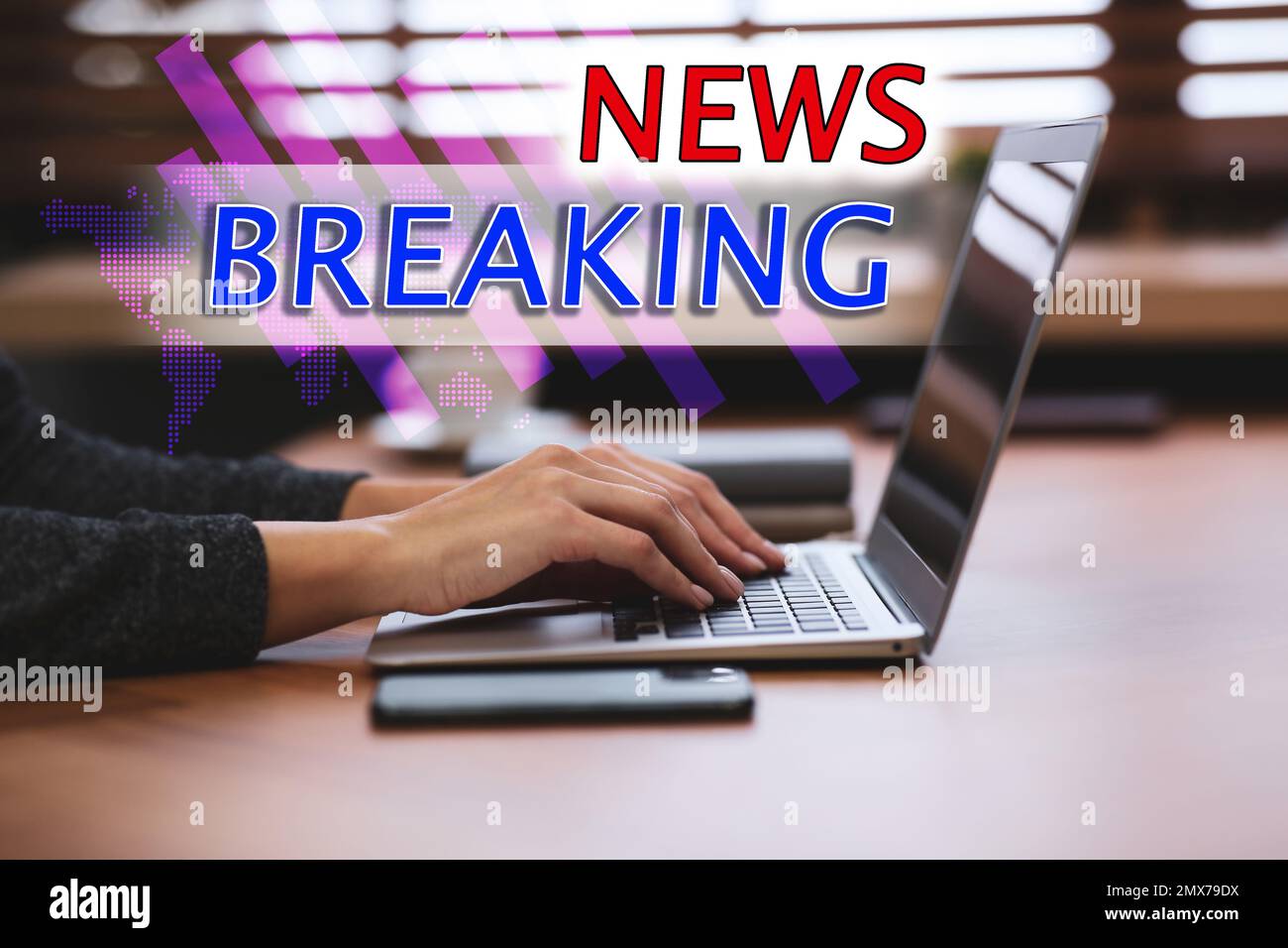 Breaking News. Journalist working with laptop indoors, closeup. Digital ...