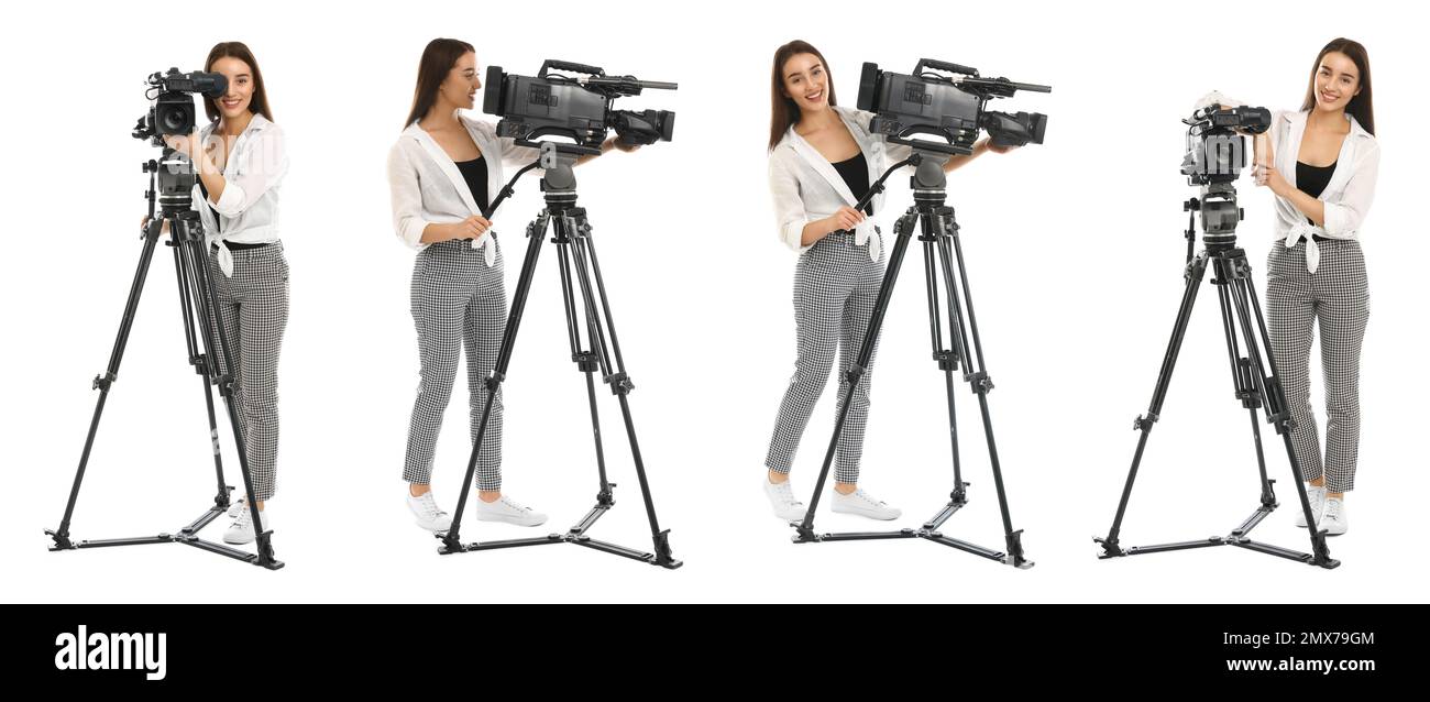 Collage of operator with professional video camera on white background ...